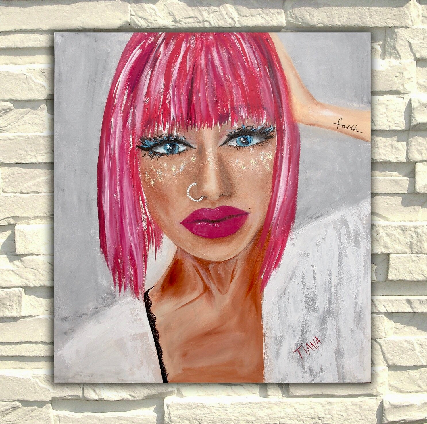 Pink Haired Woman Wall Art Original Painting Portrait on Canvas Pink ...
