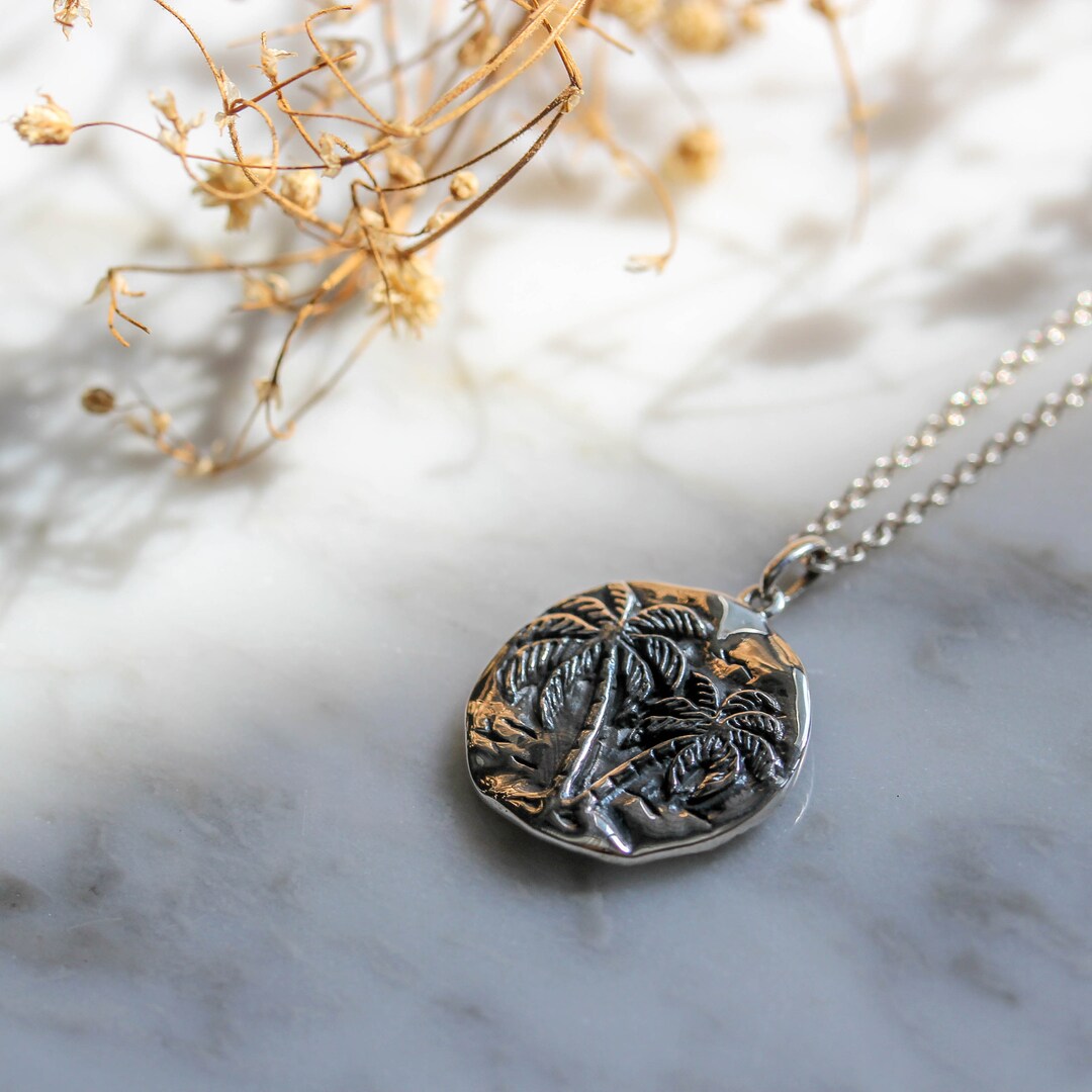 Palm Trees Coin Necklace Pendant Sterling Silver, Light Gold, Handmade ...