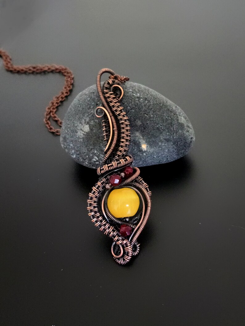 Yellow Cat Eye Wire Wrapped Pendant Mothers Day Gift Copper - Etsy UK