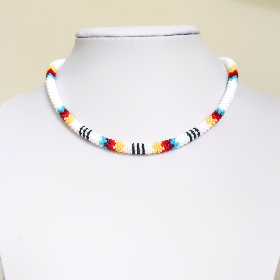 White Native American Inspired Beadwork Necklace, Indian Style Jewelry ...