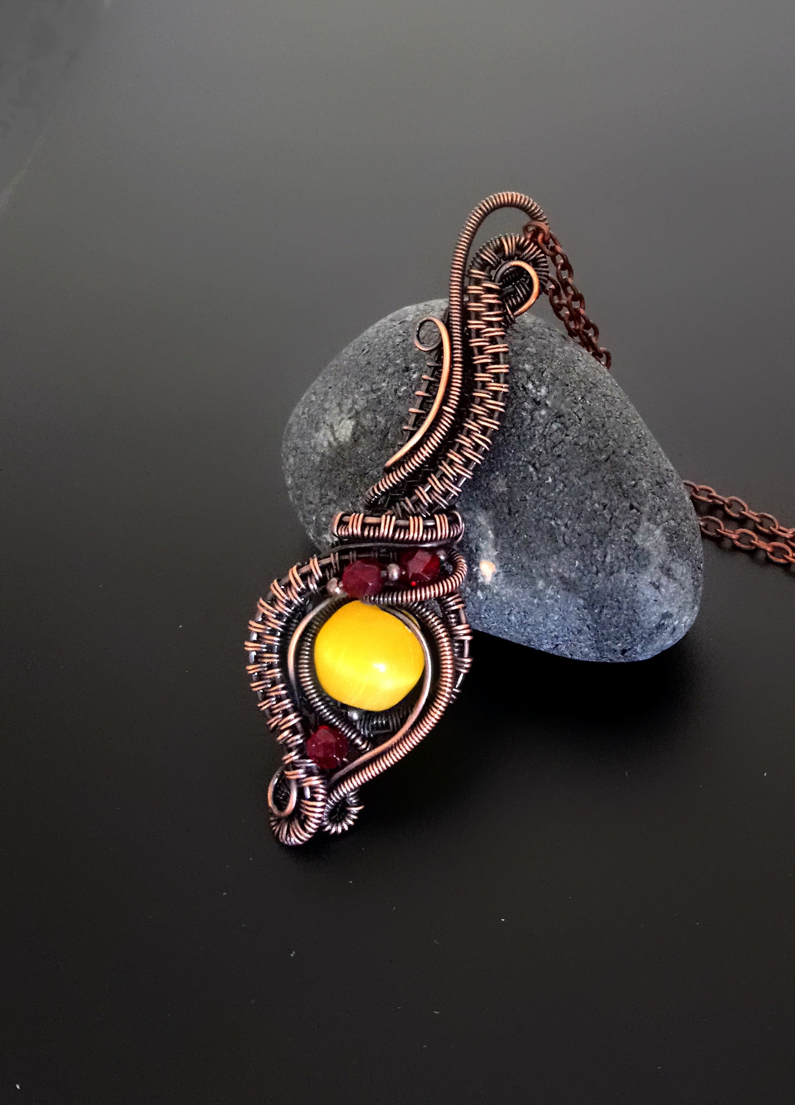Yellow Cat Eye Wire Wrapped Pendant Mothers Day Gift Copper - Etsy UK