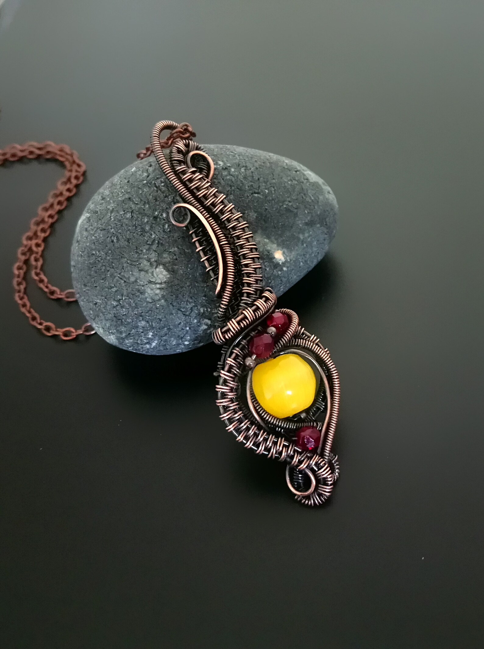 Yellow Cat Eye Wire Wrapped Pendant Mothers Day Gift Copper - Etsy UK