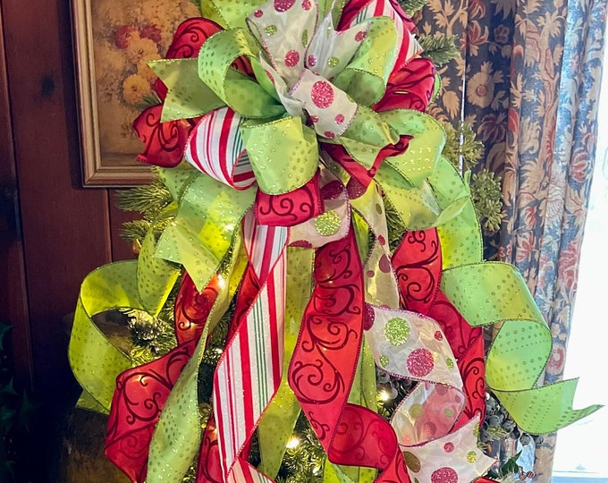The Susie Red Pink & Lime Green Whimsical Christmas Tree Topper Bow ...