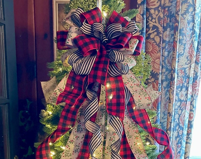 The Faith Buffalo Check Christmas Tree Topper Bow, Rustic Farmhouse Bow ...