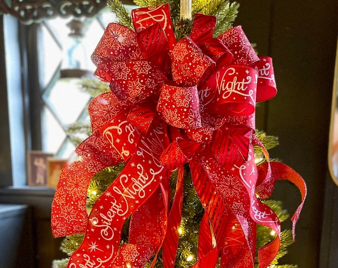 The Enya Red & White Snowflake Christmas Tree Topper Bow, Winter Bow ...