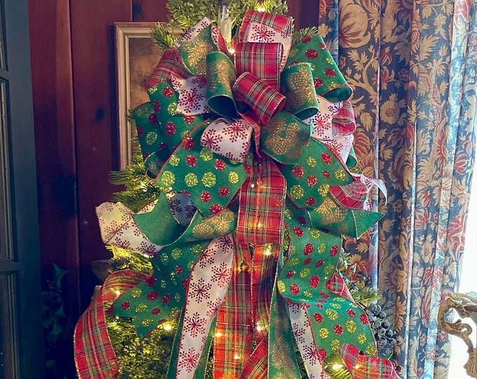 The Bridget Red Green & Gold Christmas Tree Topper Bow, XL Bow, Bow for ...