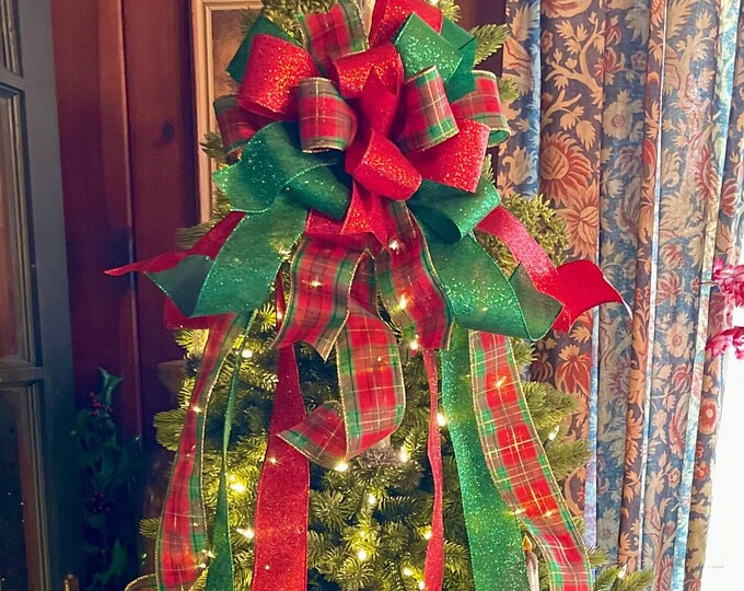 The Elaine Red Green & Gold Christmas Tree Topper Bow, Plaid Long ...