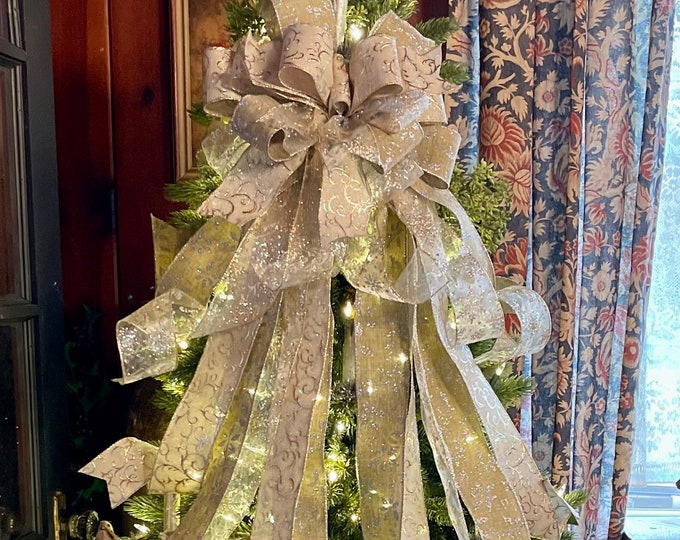 The Solange Gold & Silver Christmas Tree Topper Bow, Oversized Bow ...