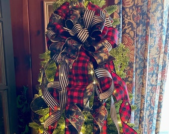 The Faith Buffalo Check Christmas Tree Topper Bow, Rustic Farmhouse Bow ...