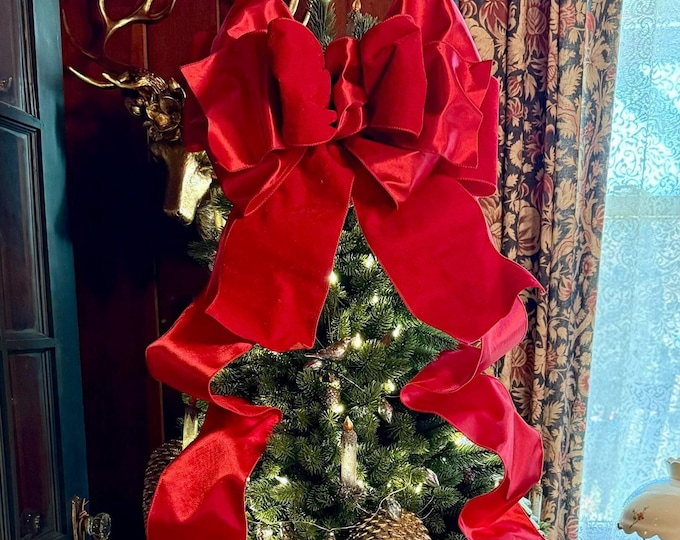 The Scarlet Red Velvet Christmas Tree Topper Bow, XL Luxury Tree Bow ...