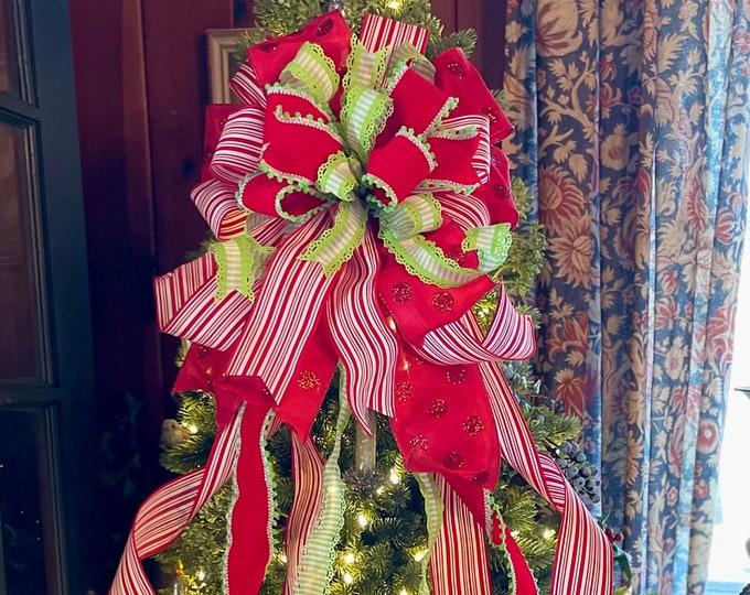 The Margaret Red Lime Green & White Christmas Tree Topper Bow, Tree ...