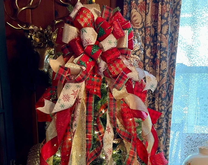 The Triss Red Green & Gold Christmas Tree Topper Bow, XL Red Bow, Xmas ...