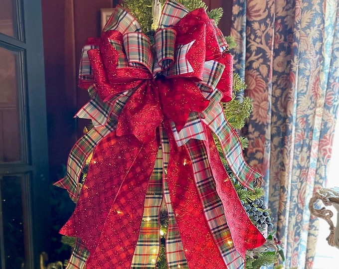 The Adele Red & Navy Plaid Christmas Tree Topper Bow, Luxury Bow, Xmas ...