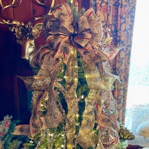 The Balsam Gold Christmas Tree Topper Bow, Pinecone Bow Topper, Xmas ...