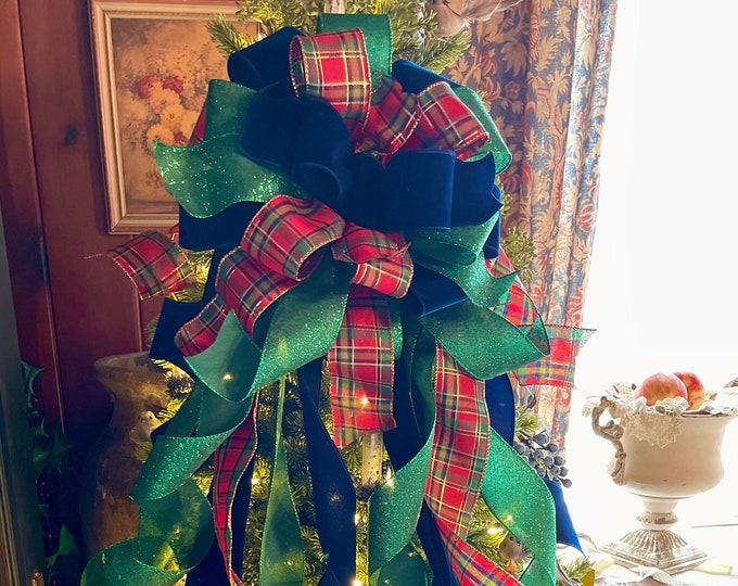 The Anka Red Emerald Green & Navy Velvet Christmas Tree Topper Bow ...