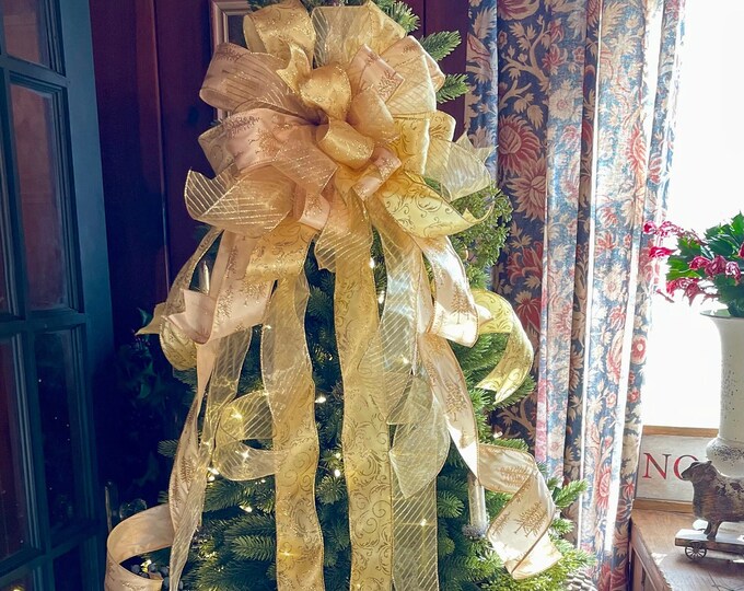 The Addison Gold Christmas Tree Topper Bow, Champagne Gold Bow for Tree ...
