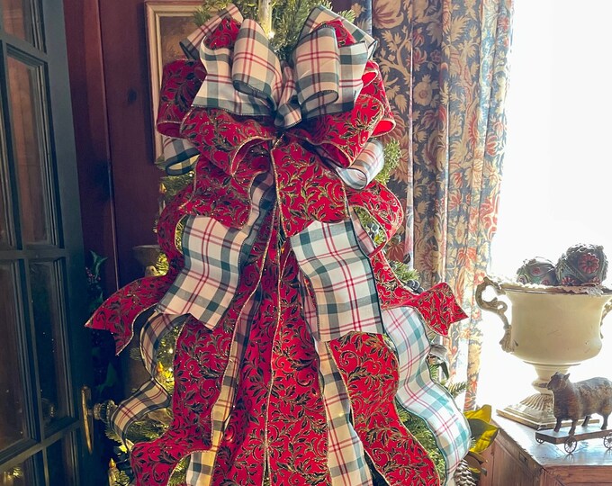 The Ophelia Red Green & Cream Plaid Christmas Tree Topper Bow, Luxury ...