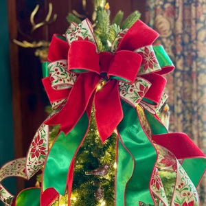 Red & Green Velvet Tree Top Bow the Lottie, XL Christmas Tree Topper ...