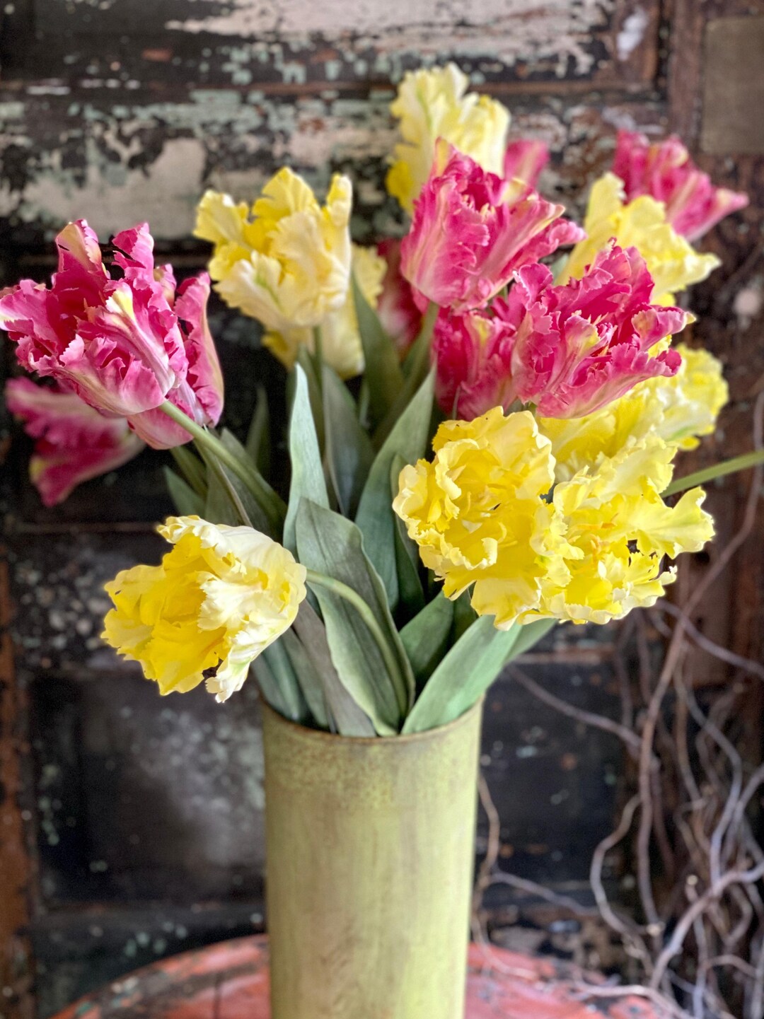 Artificial Parrot Tulip, Real Touch Pink Ruffle Tulip, Faux Yellow ...