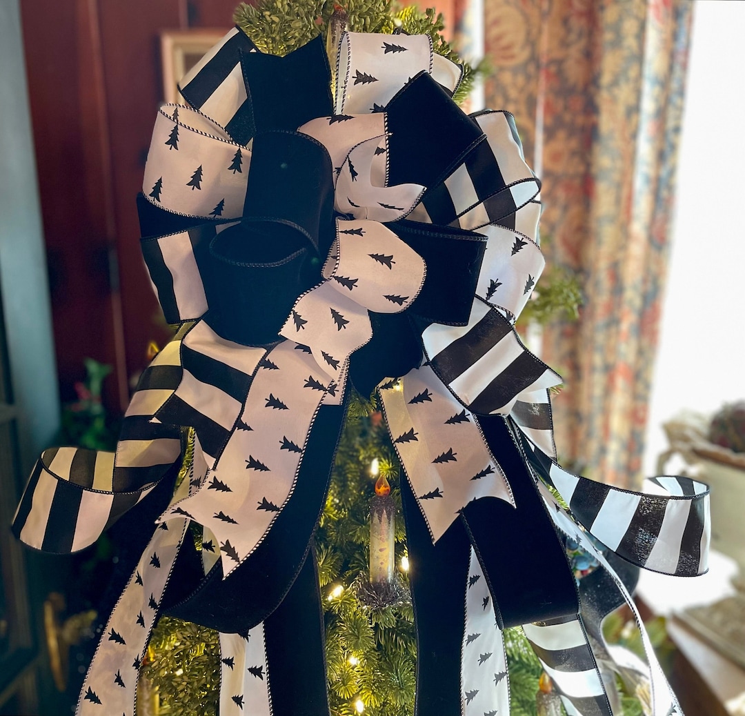The Delia White & Black Christmas Tree Topper Bow, Ribbon Tree Topper ...