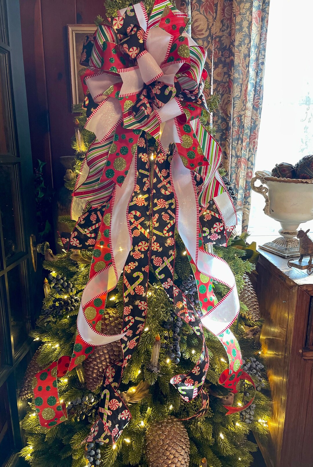 The Betsy Red Black Green & White Christmas Tree Topper Bow, Tree ...