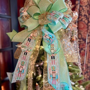 The Sergei Mint & Gold Nutcracker Christmas Tree Topper Bow, Tree Trimming Bow, Christmas Wreath ...