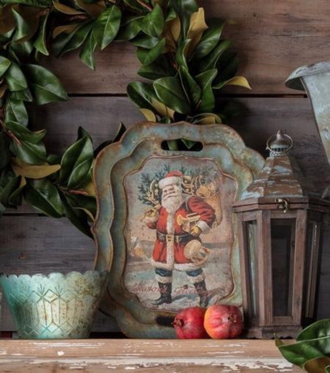Vintage Style Santa Serving Tray With Handles, Christmas Wall Art ...