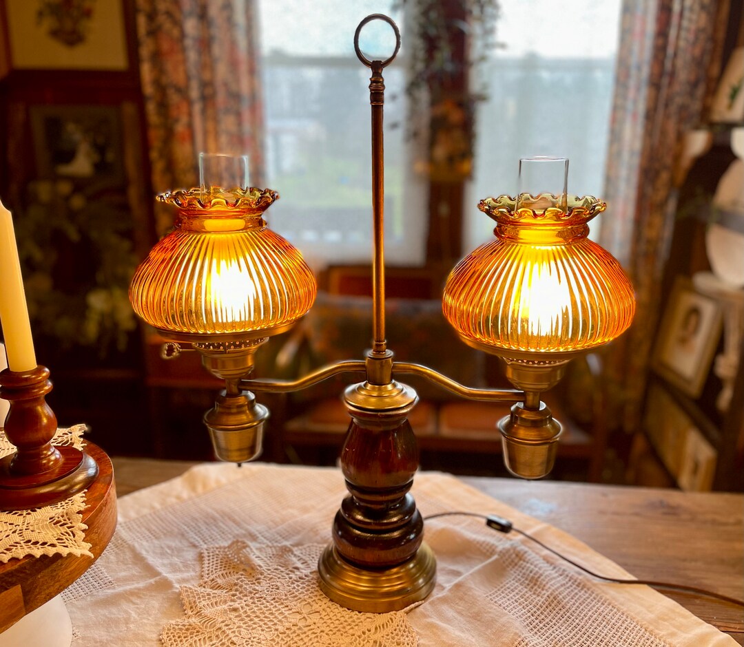 Vintage Student Lamp, Amber Glass, Leviton Double Student Lamp ...
