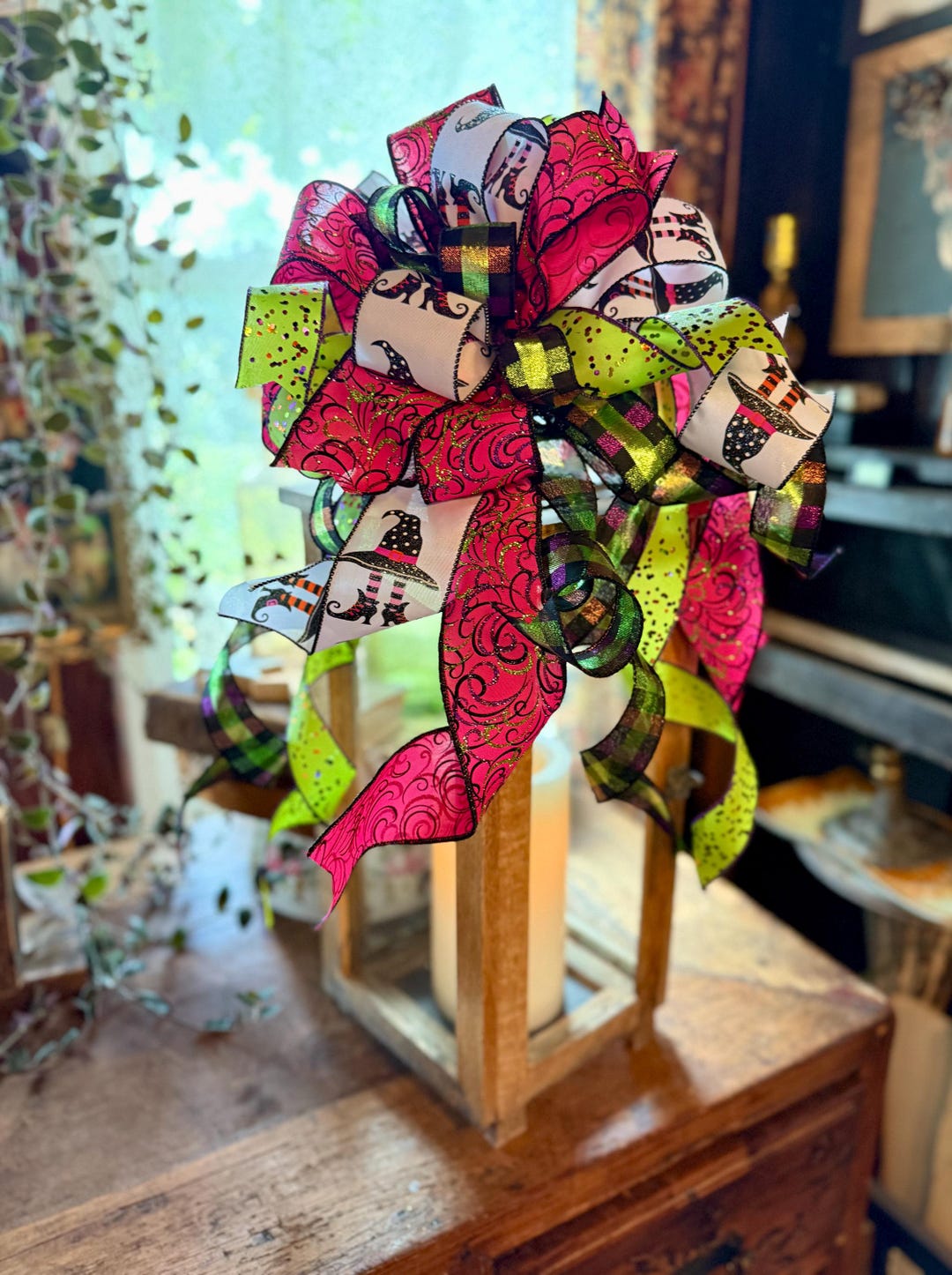 The Hela Pink Black & Green Halloween Bow, Bow for Wreaths, Lantern Bow ...