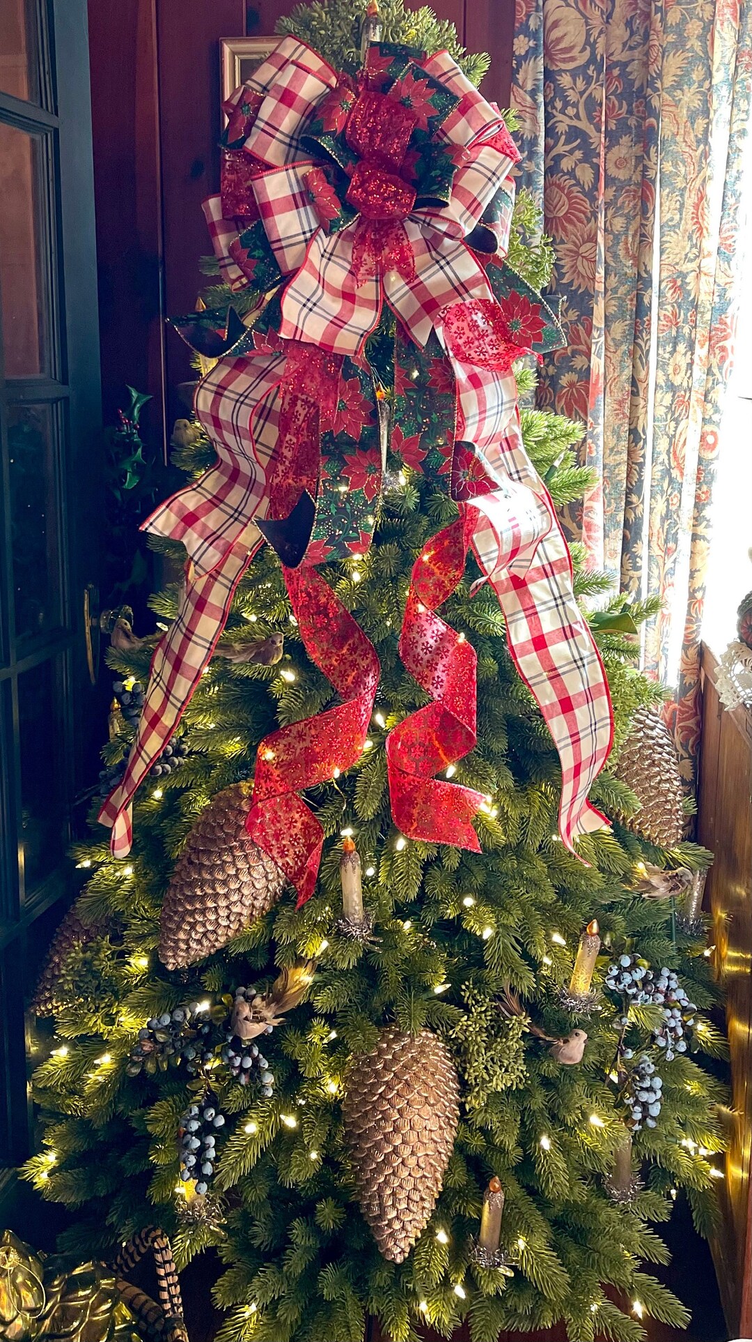 The Rebecca Plaid Christmas Tree Topper Bow, Red Glitter Holly, 36 ...