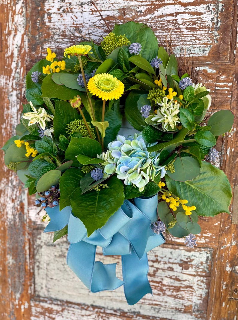 The Bonnie Blue Hydrangea Spring Wreath, Handmade Yellow Wildflower ...