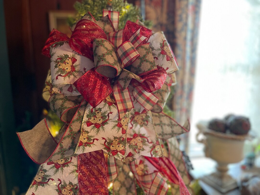 The Lara Red & Green Christmas Tree Topper Bow, Plaid Bow, Xmas Bow ...