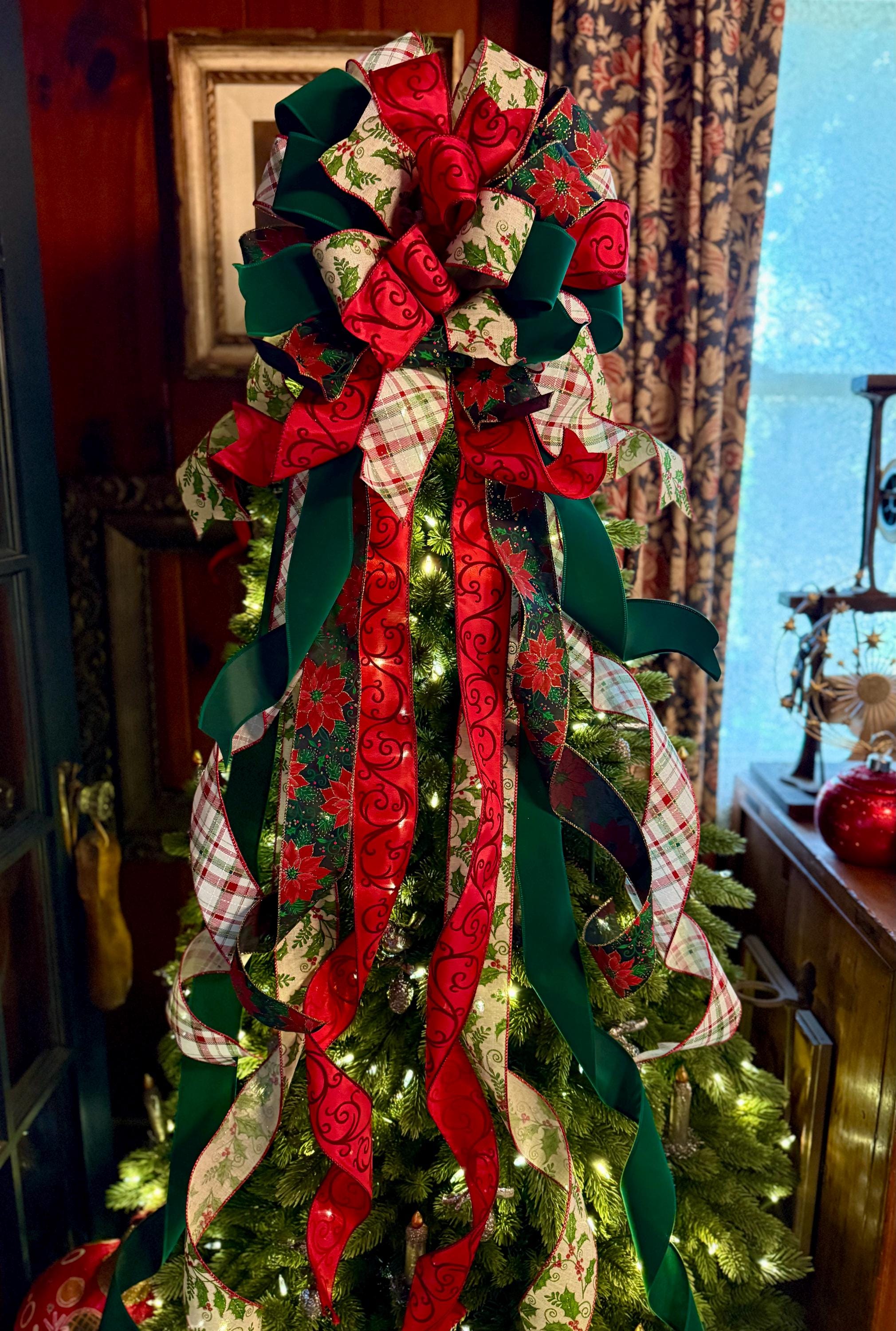 The Holly Red & Green Christmas Tree Topper Bow, XL Long Streamer ...