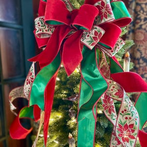 Red & Green Velvet Tree Top Bow the Lottie, XL Christmas Tree Topper ...