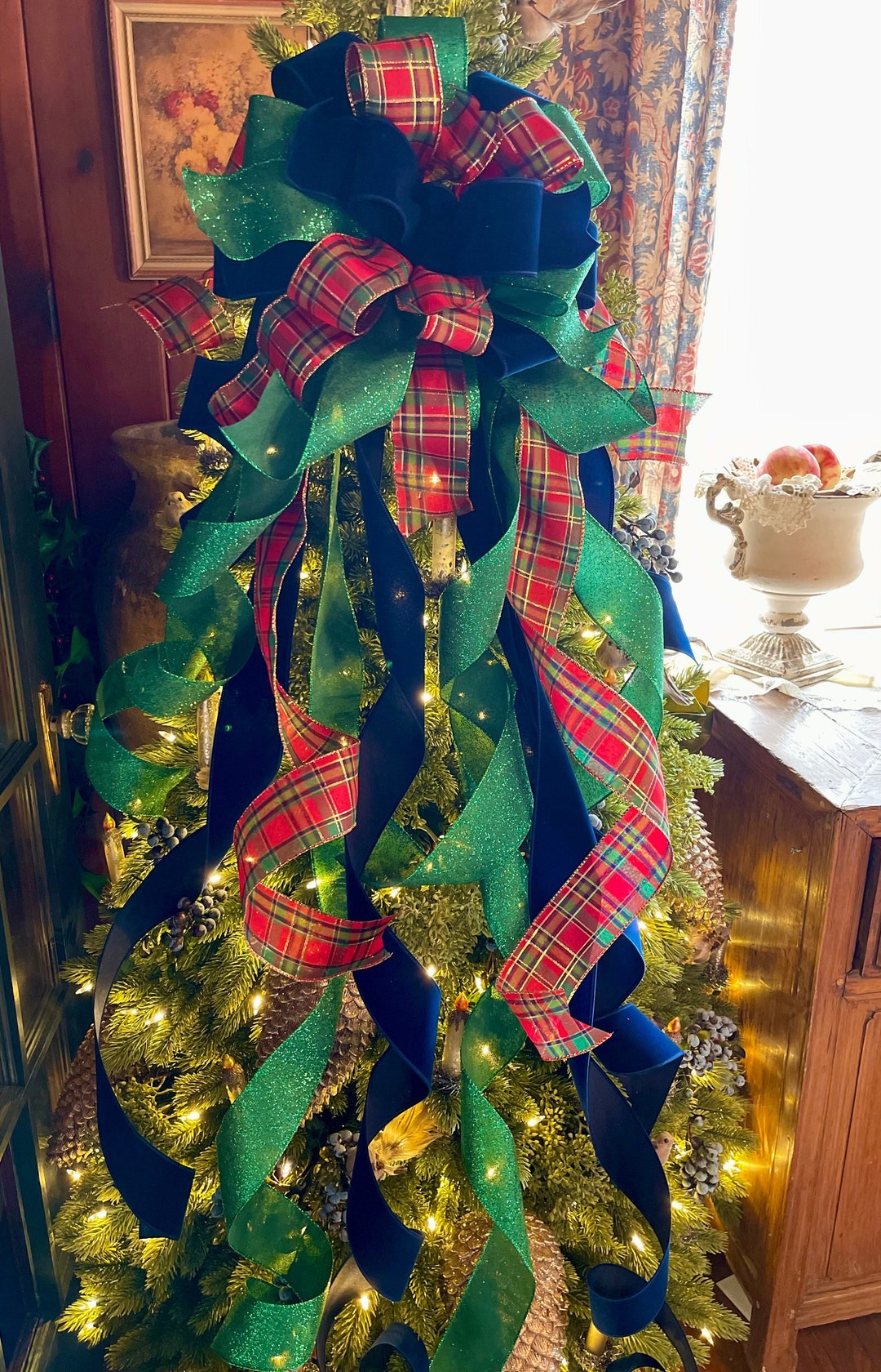 The Anka Red Emerald Green & Navy Velvet Christmas Tree Topper Bow ...