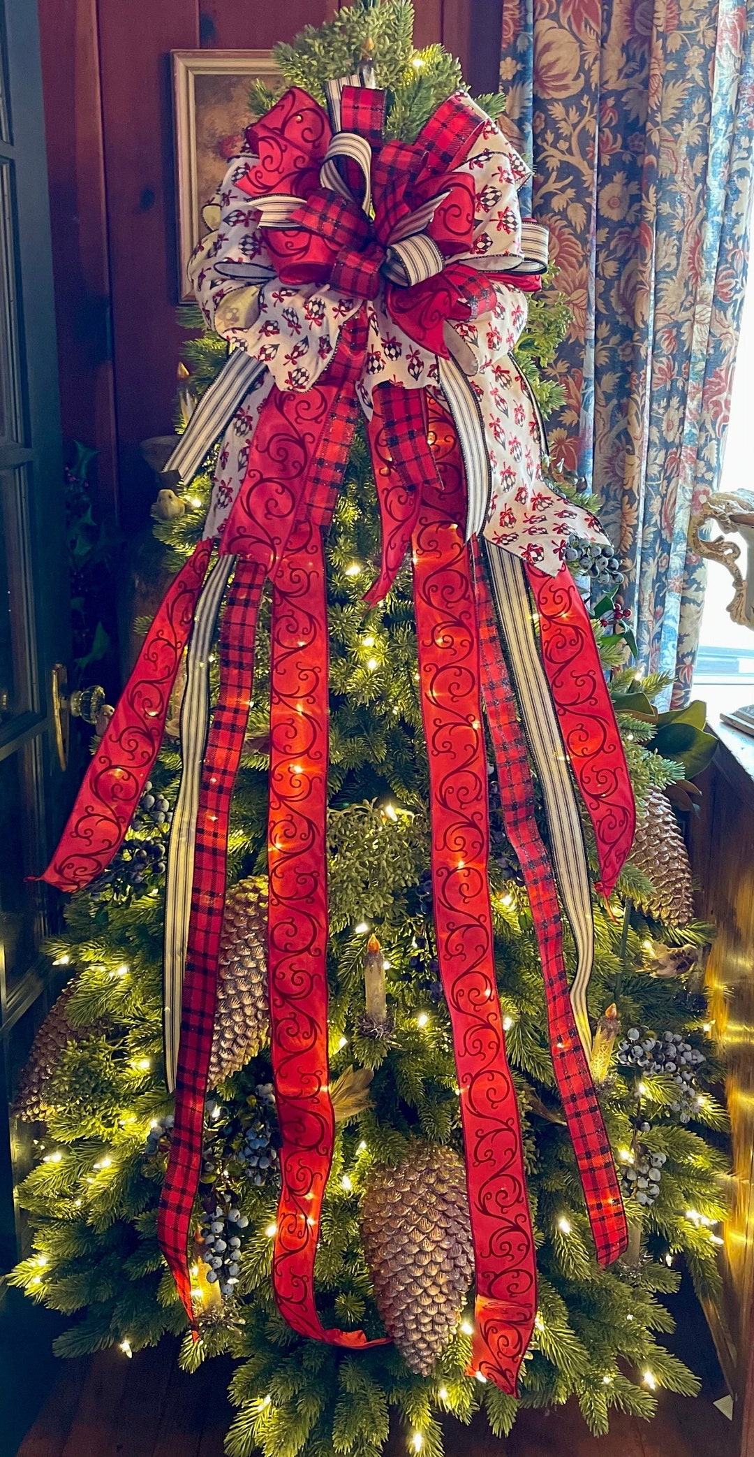 The Nicole Black & Red Christmas Tree Topper Bow Luxury - Etsy