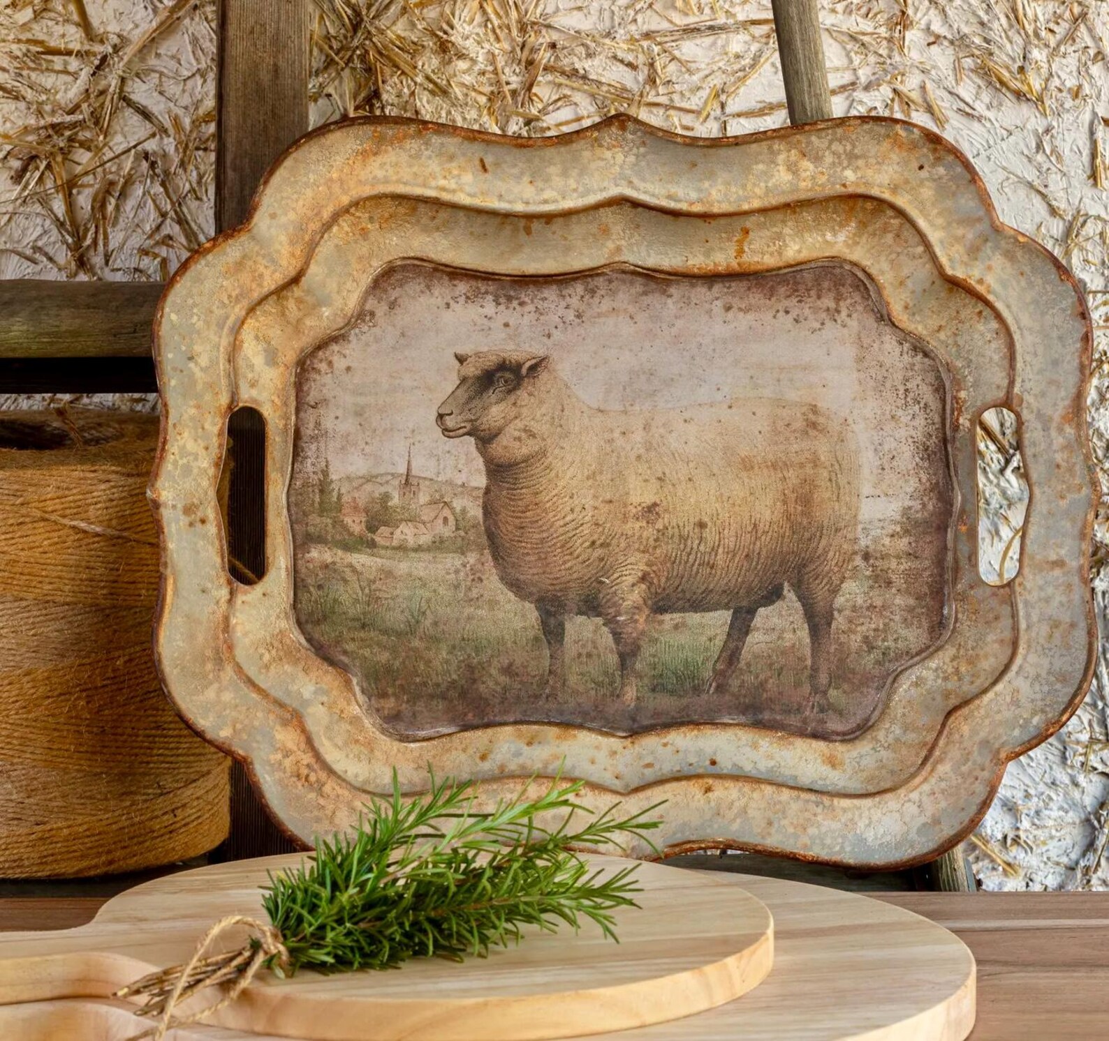 Vintage Style Serving Tray With Handles, Sheep Wall Art, Layering Tray ...