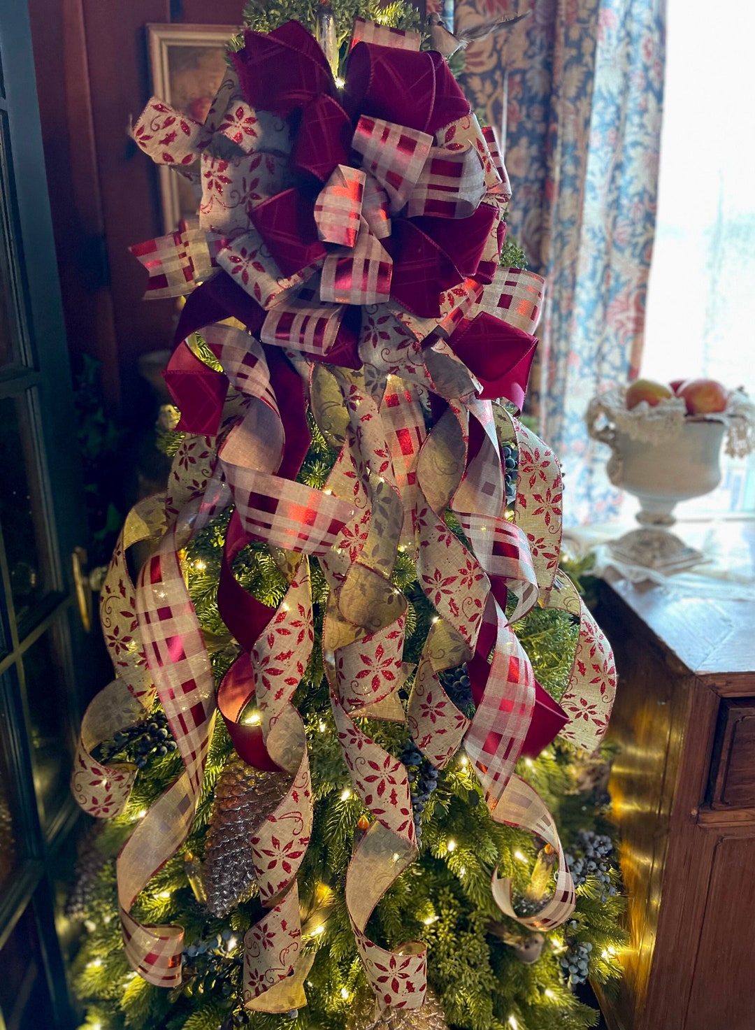 The Carmella Burgundy Gold & Tan Christmas Tree Topper Bow, Wine Color ...