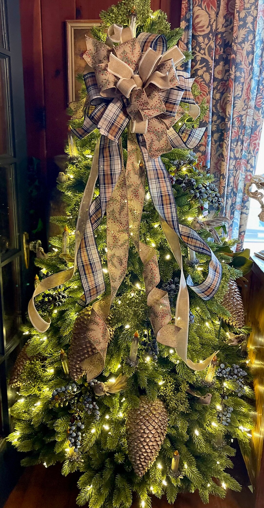 The Nora Beige & Navy Plaid Christmas Tree Topper Bow, Luxury Bow, Xmas ...
