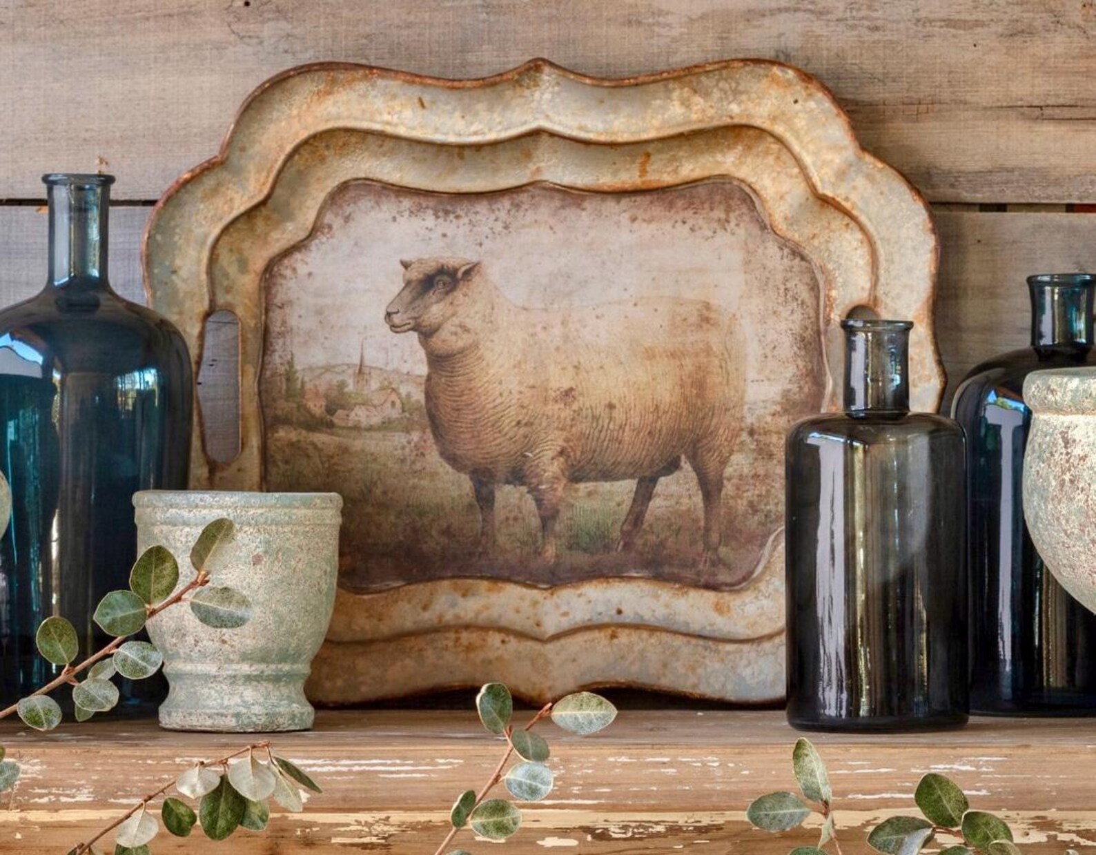 Vintage Style Serving Tray With Handles, Sheep Wall Art, Layering Tray ...