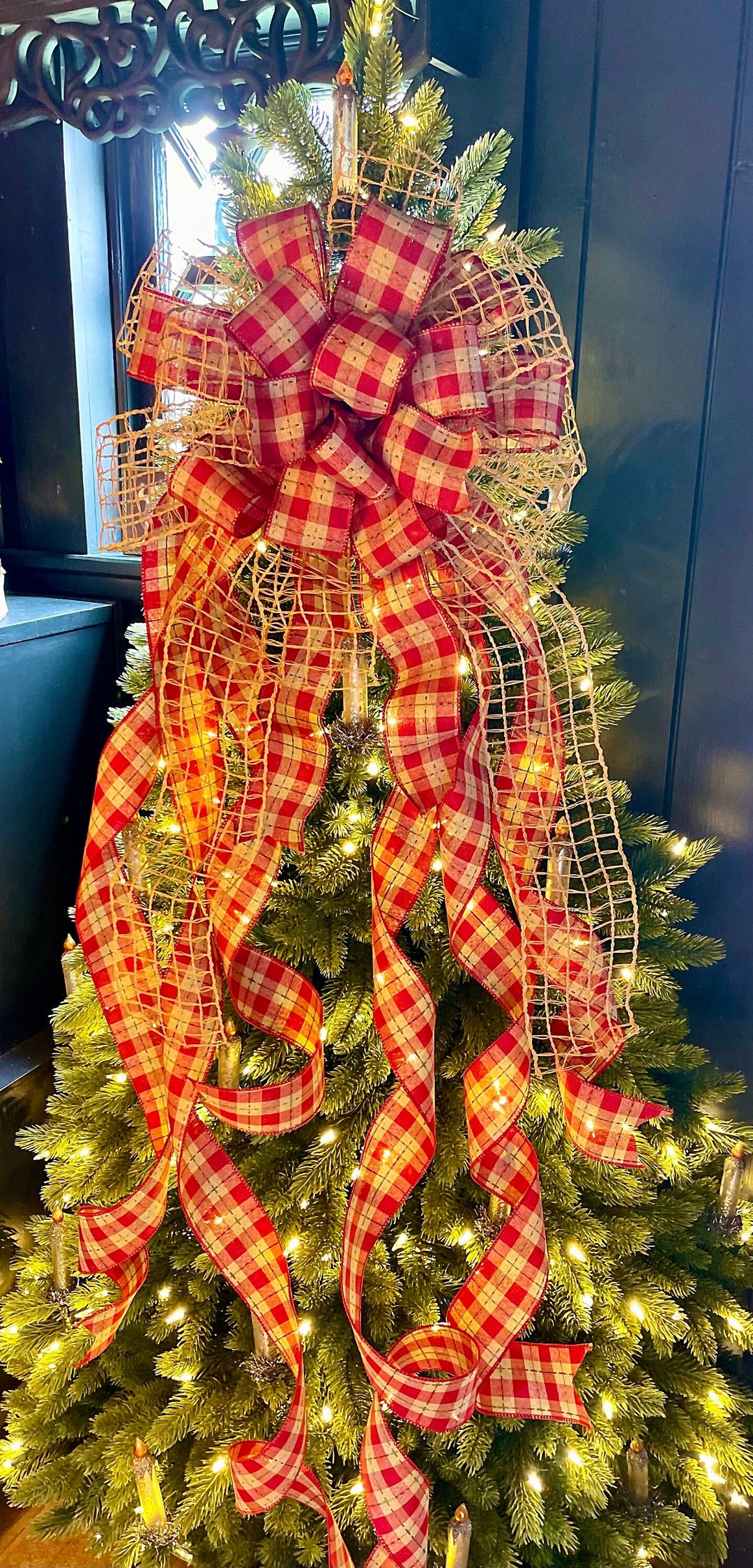 The Annelle Red Tan And Green Country Christmas Tree Topper Bow Bow For