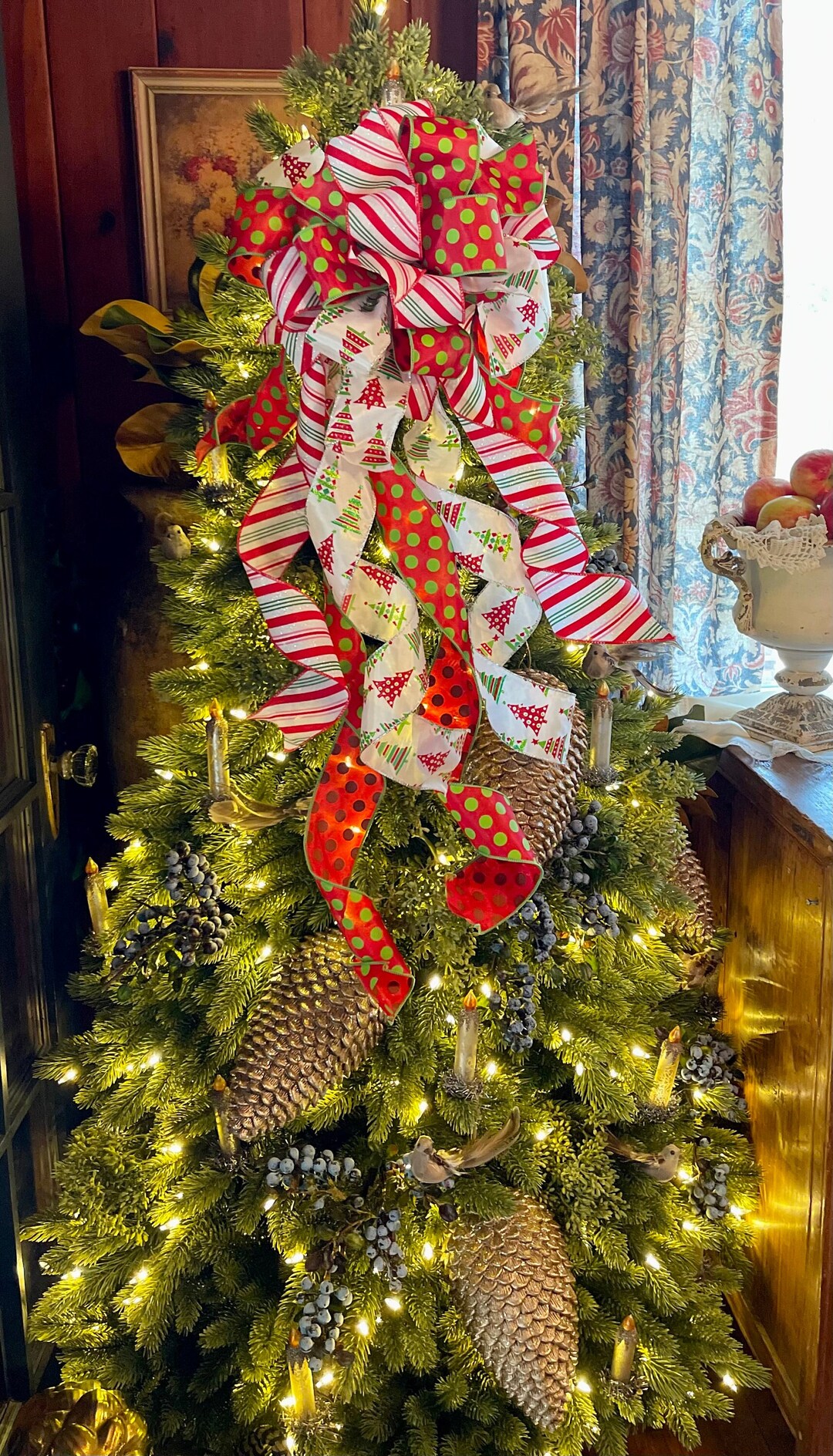 The Loretta Red Green & White Christmas Tree Topper Bow, Whimsical Bow ...