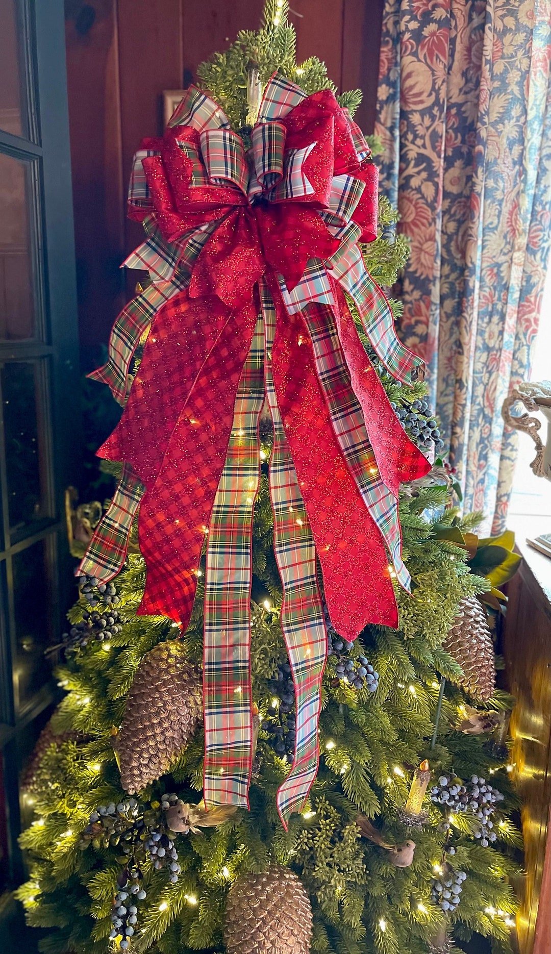The Adele Red & Navy Plaid Christmas Tree Topper Bow Luxury - Etsy