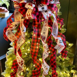 The Claus Red Black & Grey Buffalo Check Christmas Tree Topper Bow ...