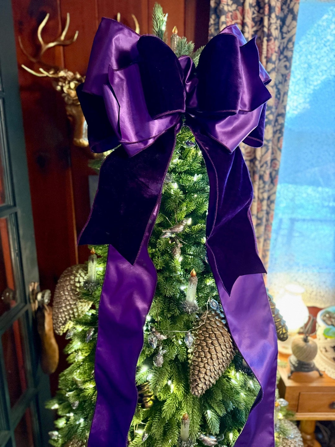 The Eve Purple Plush Velvet XL Christmas Tree Topper Bow, Luxury Bow ...