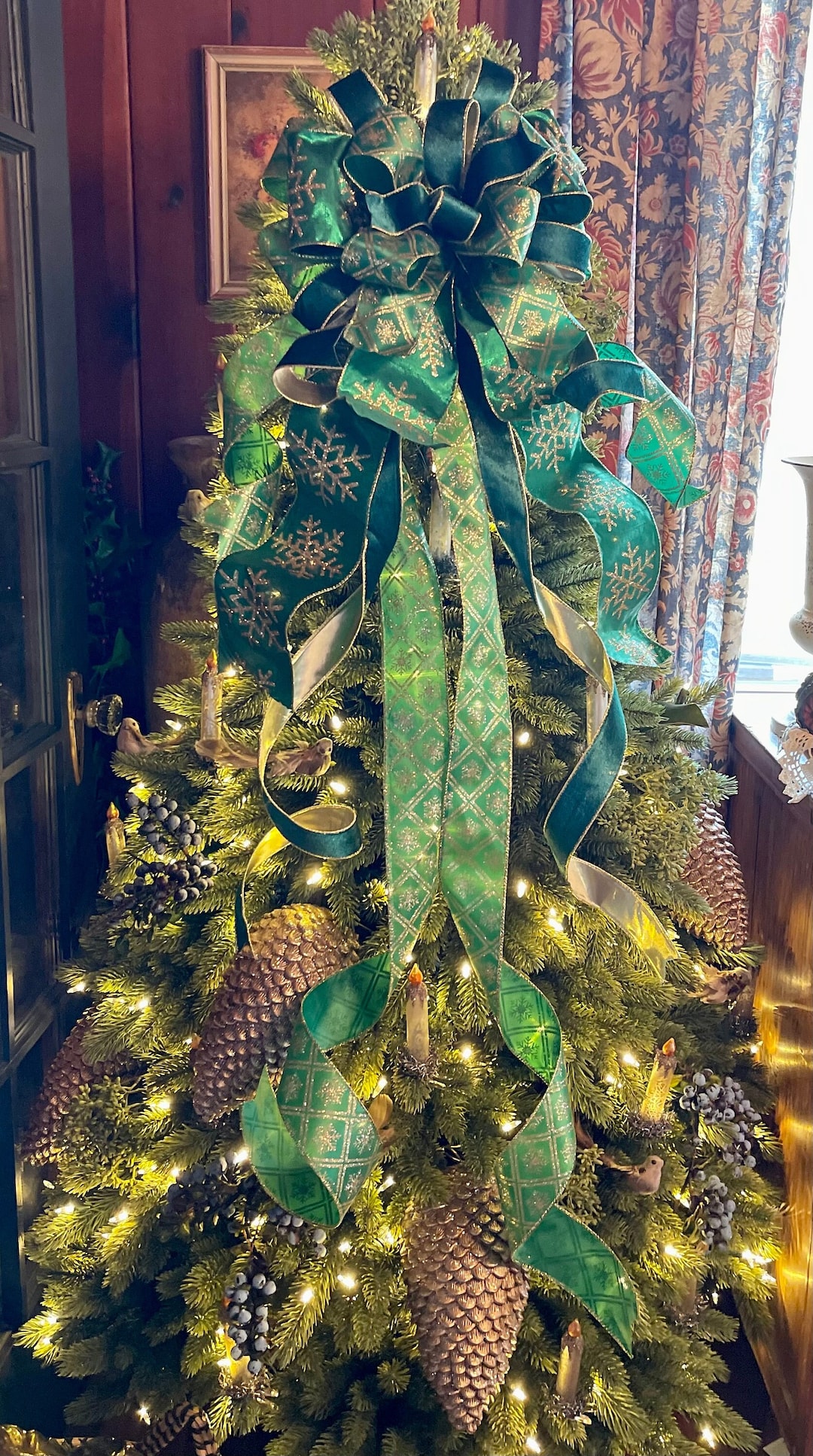 The Jade Green & Gold Christmas Tree Topper Bow, Evergreen Bow, Xmas ...