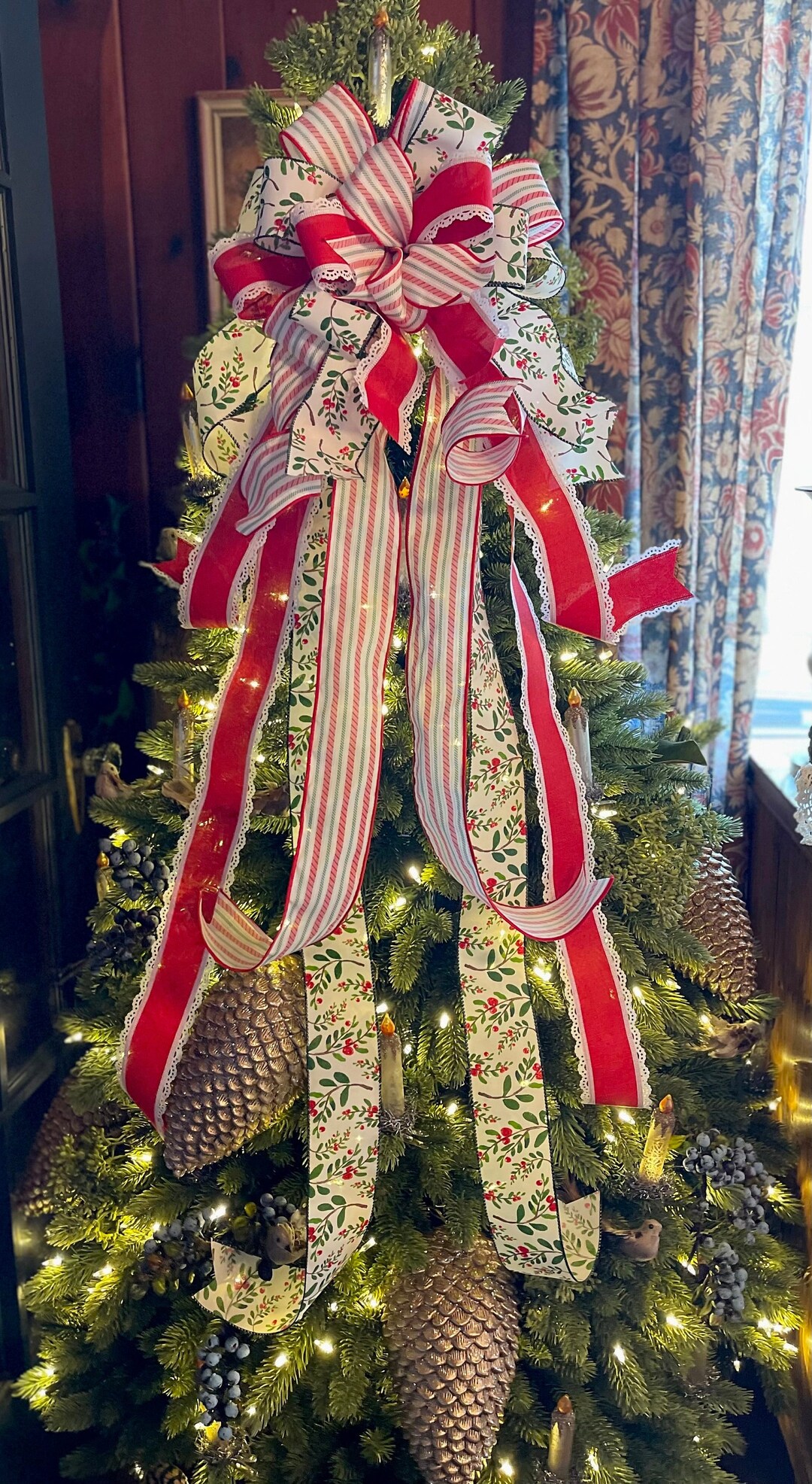 The Catherine Red Green & White Christmas Tree Topper Bow, Cottage Bow ...