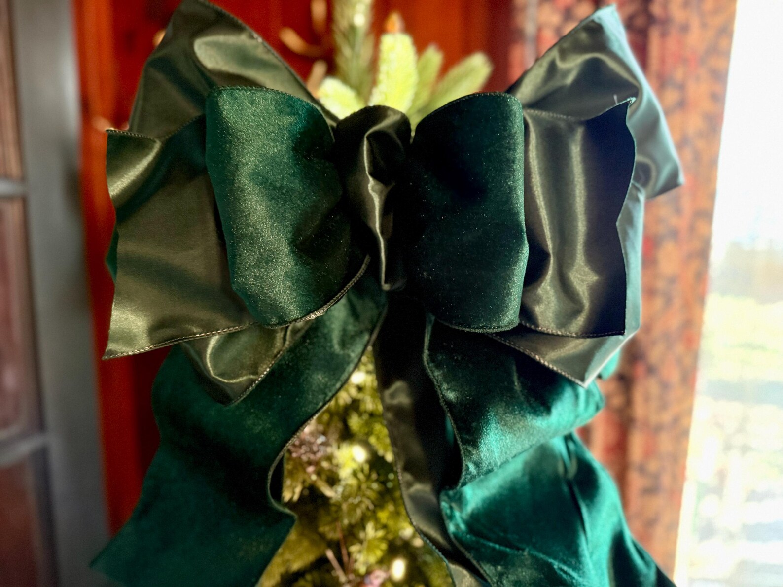 The Emmy Hunter Green Plush Velvet XL Christmas Tree Topper Bow, Luxury ...