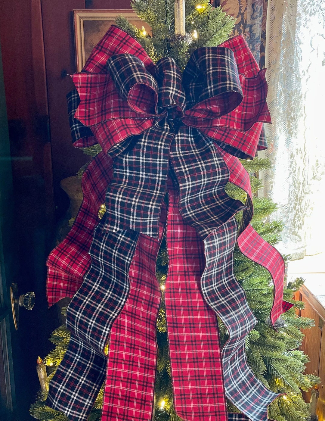 The Lauren Black White & Red Plaid Christmas Tree Topper Bow, XL Bow ...