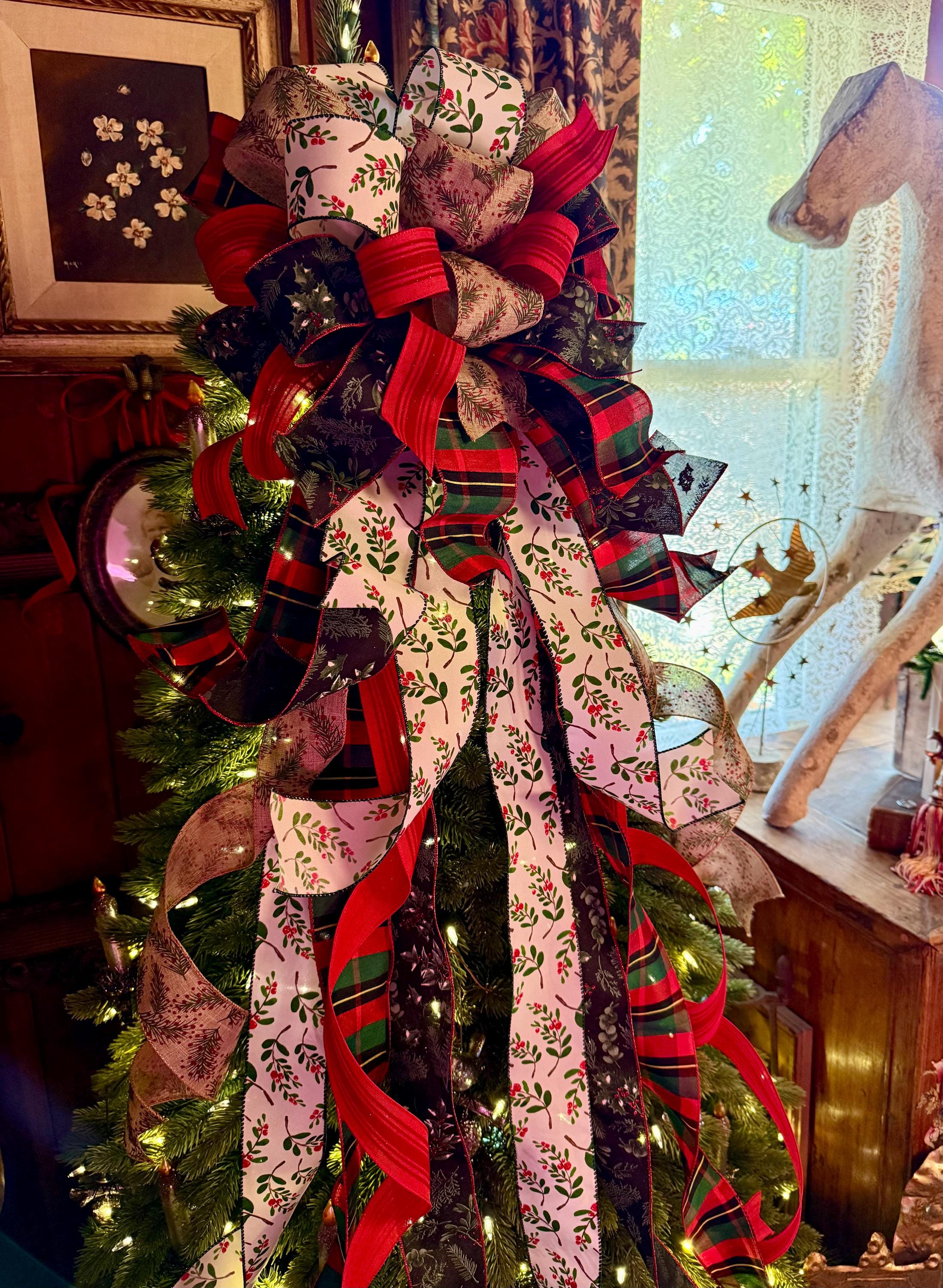 The Belinda Red & Green Christmas Tree Topper Bow, Farmhouse Cottage ...
